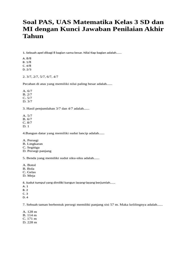 Soal PAS, UAS Matematika Kelas 3 SD Dan MI Dengan Kunci Jawaban Penilaian Akhir Tahun | PDF