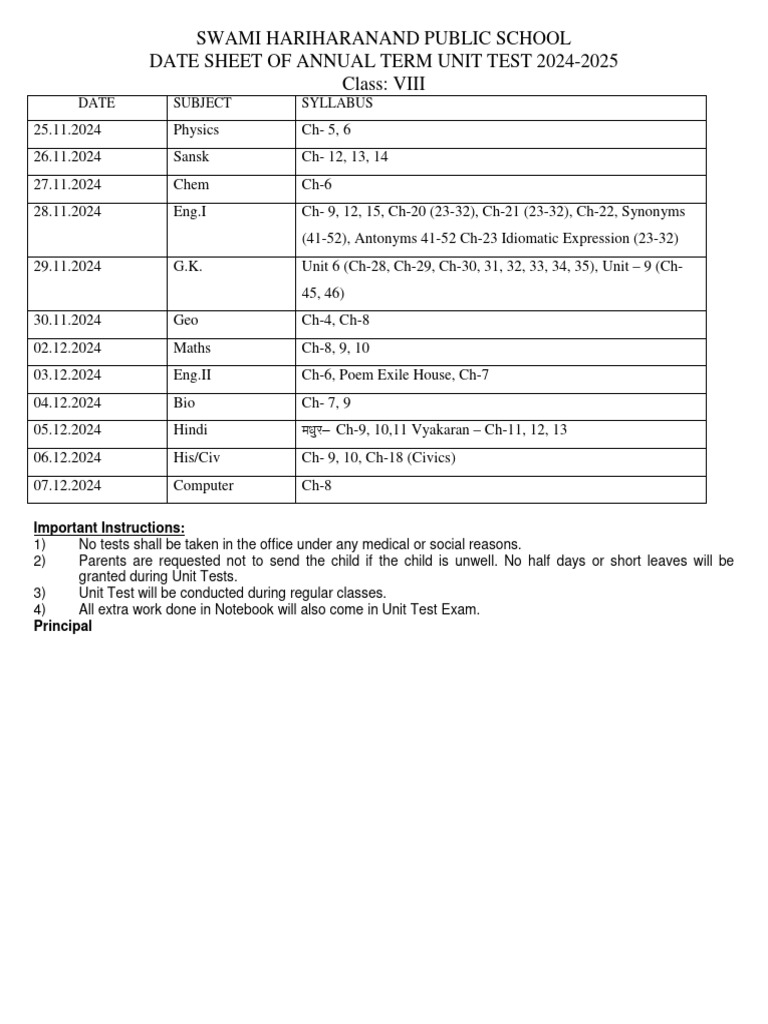 Class Viii Annual Term Unit Test Datesheet 24-25 | PDF | Teaching ...