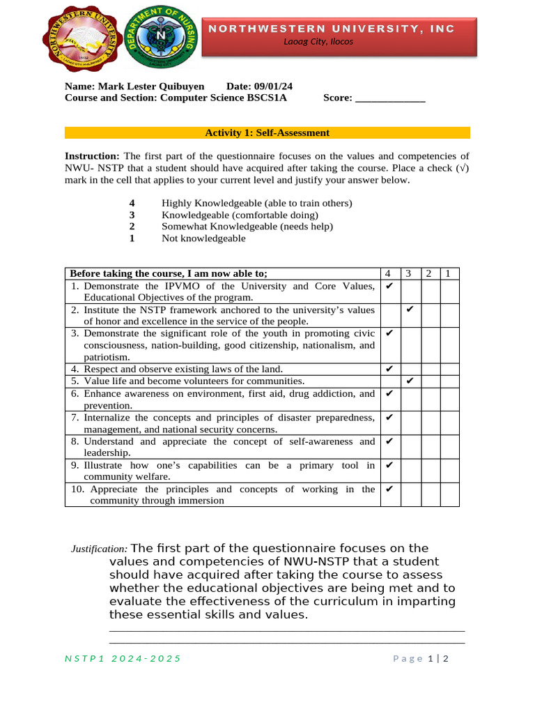 Activity 1 Self Assessment | PDF | Cognition