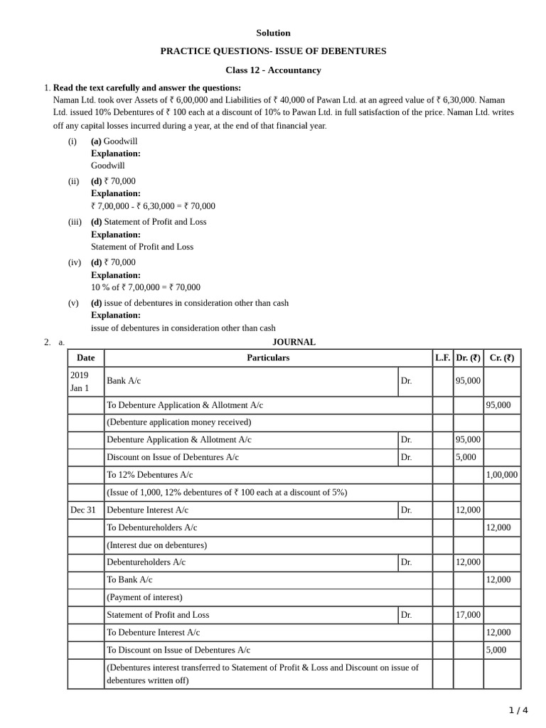 Class 12 Debentures Solutions 2023-24 | PDF | Goodwill (Accounting ...