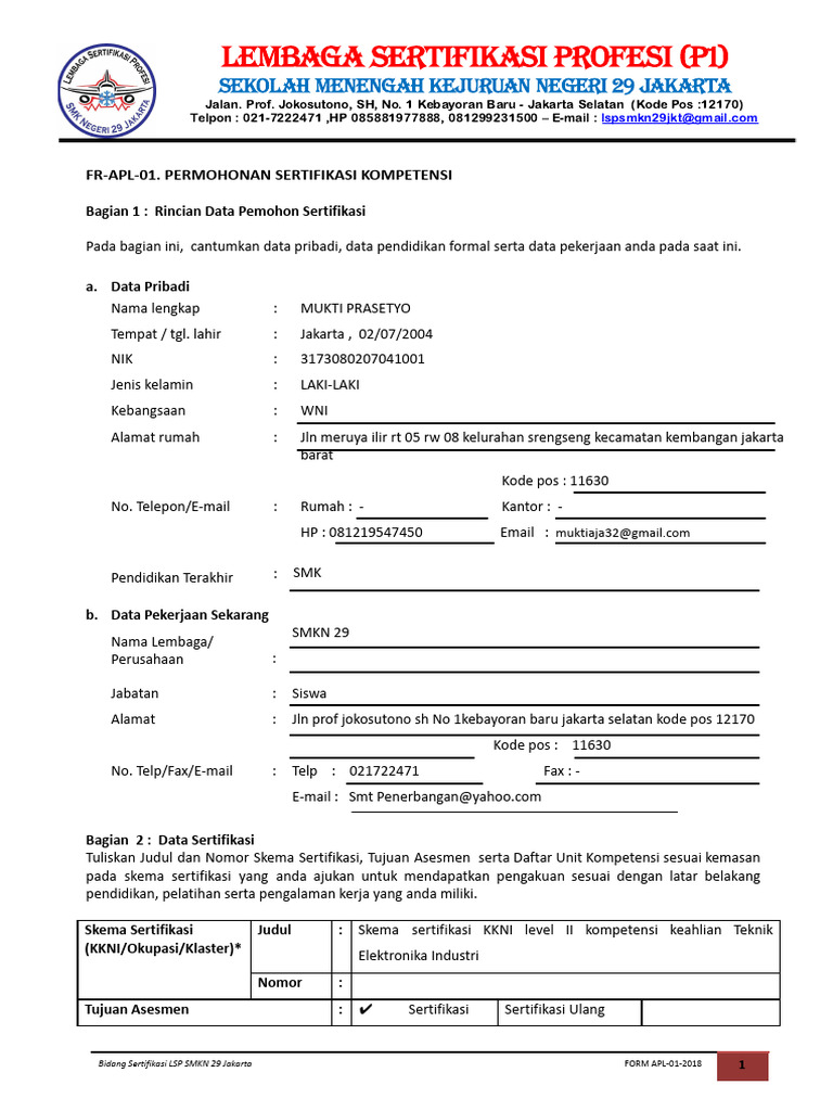 MUKTI PRASETYO Formulir Pendaftaran APL 01 Tahun 2023 | PDF