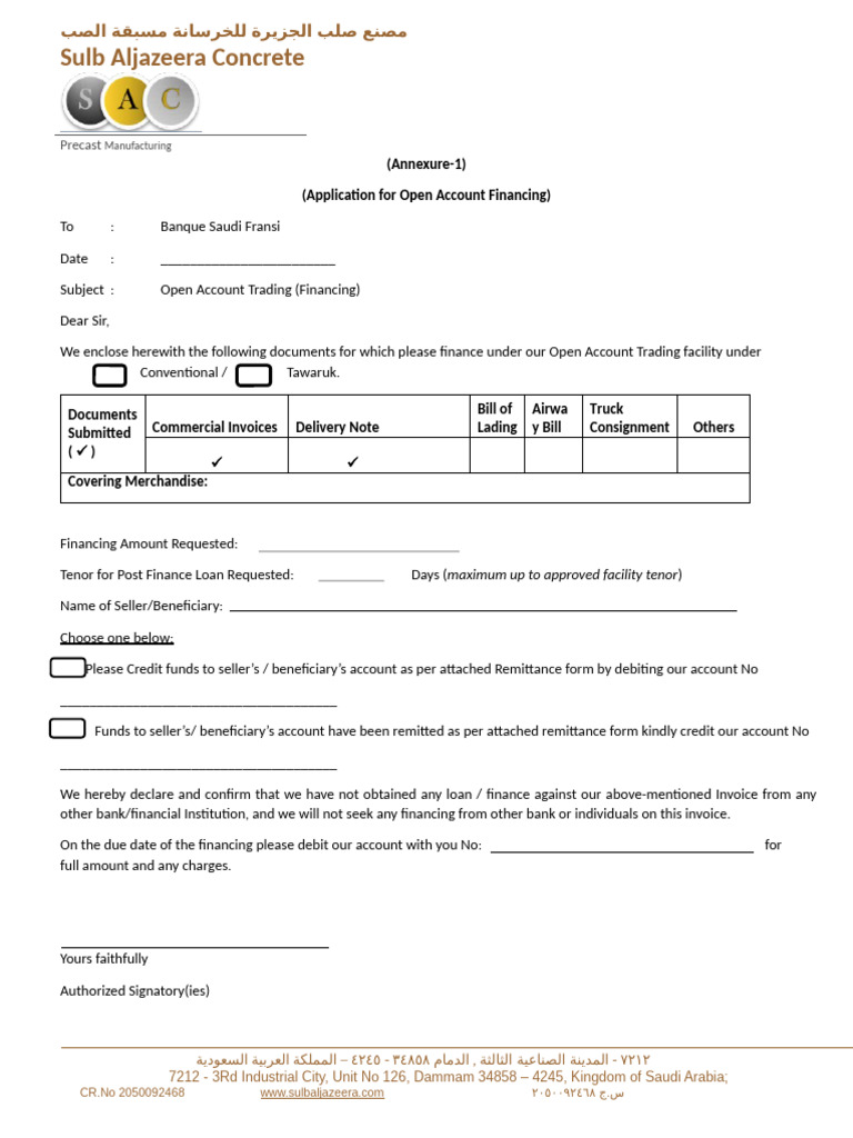 Application For Open Account Financing | PDF