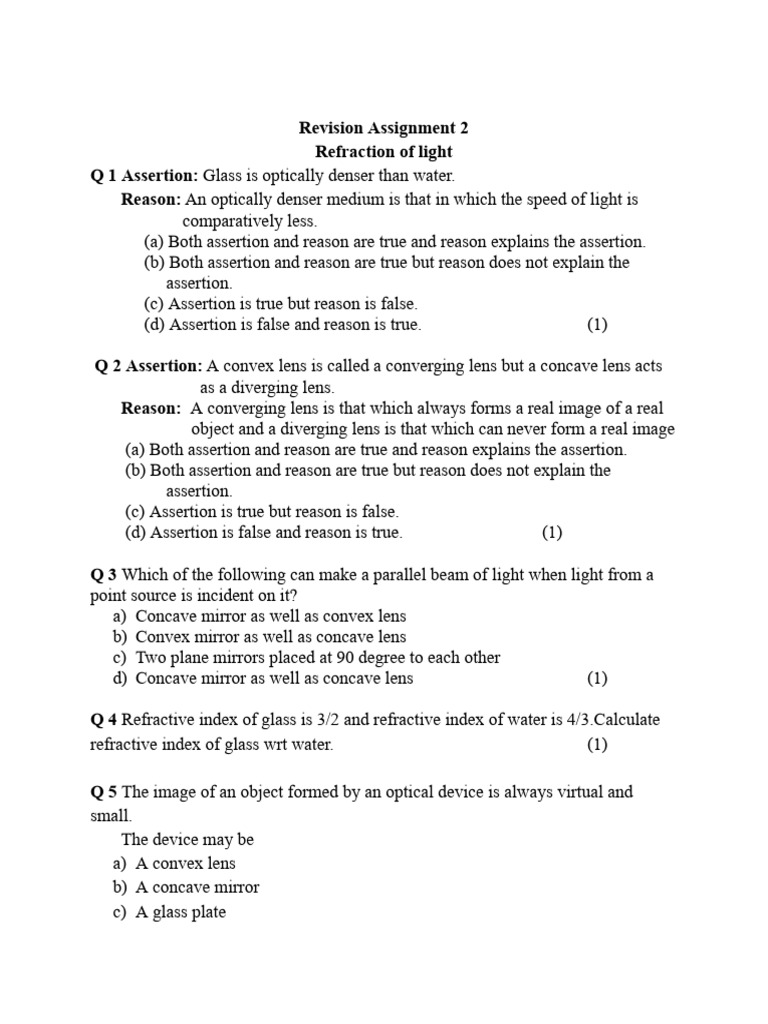 Revision Assignment 2 (Refraction of Light) | PDF | Mirror | Glass ...
