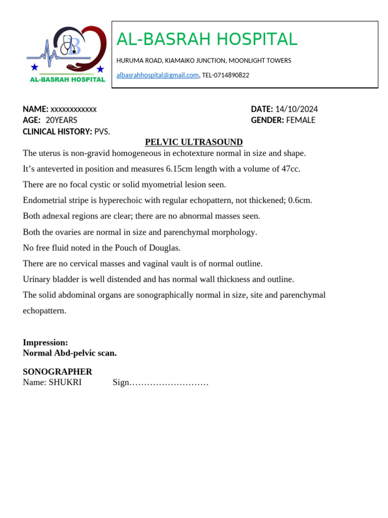 Normal Pelvic Ultrasound Report | PDF