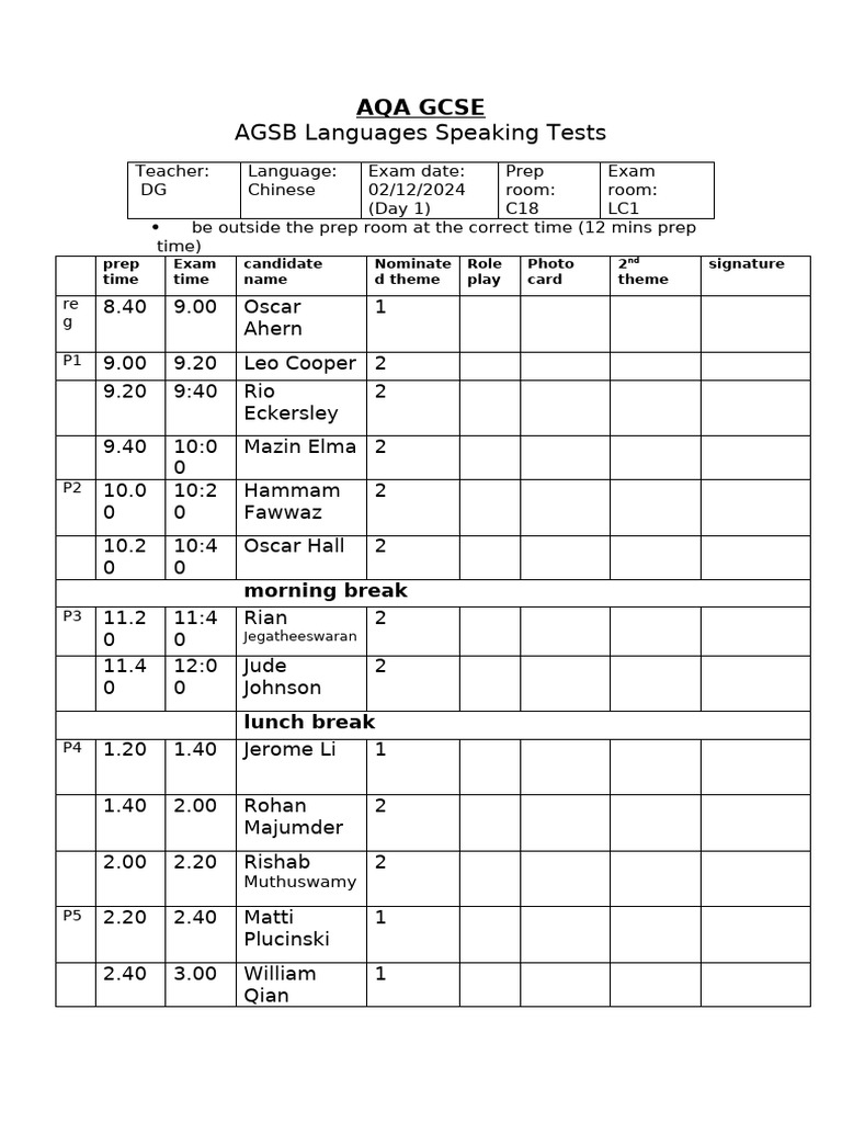 Student Version-Speaking Gcse Exam Running Order April 2024 | PDF ...