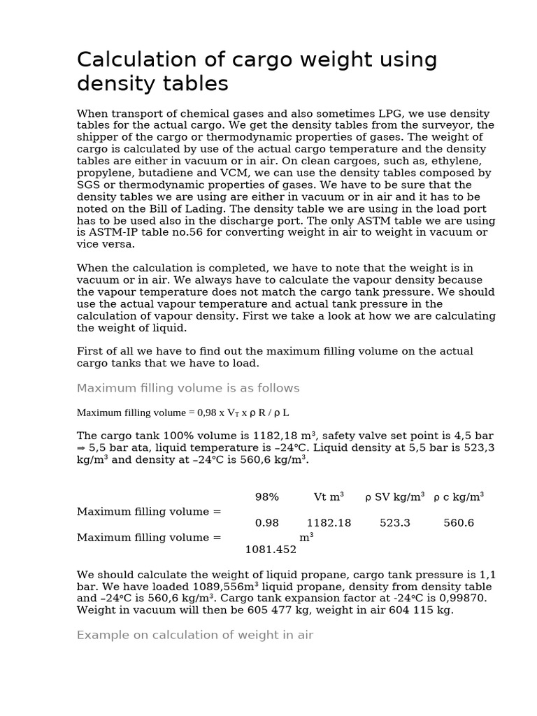 Calculation of Cargo Weight Using Density Tables | PDF | Pressure | Density