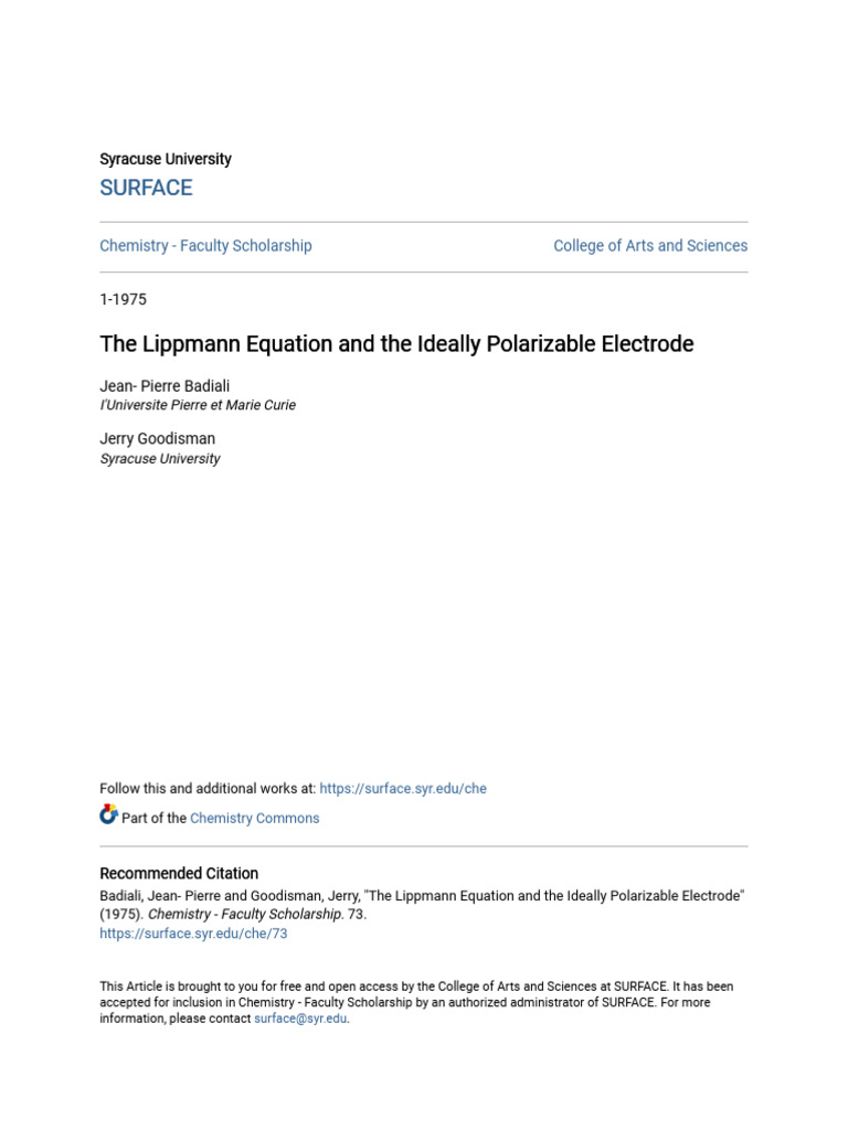 The Lippmann Equation and The Ideally Polarizable Electrode | PDF ...