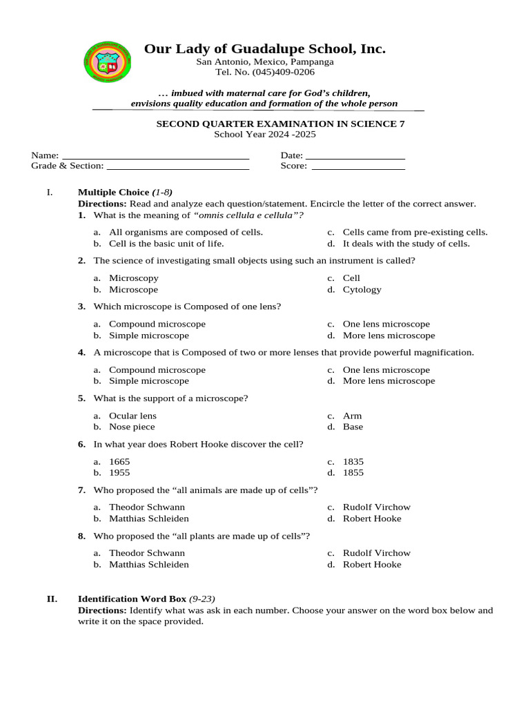 Science 7 Second Quarter Exam | PDF | Cell (Biology) | Microscope