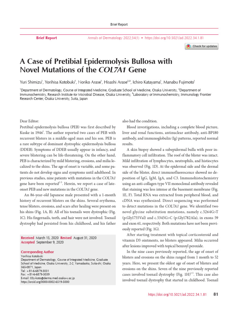 A Case of Pretibial Epidermolysis Bullosa With Novel Mutations of The COL7A1 Gene | PDF ...