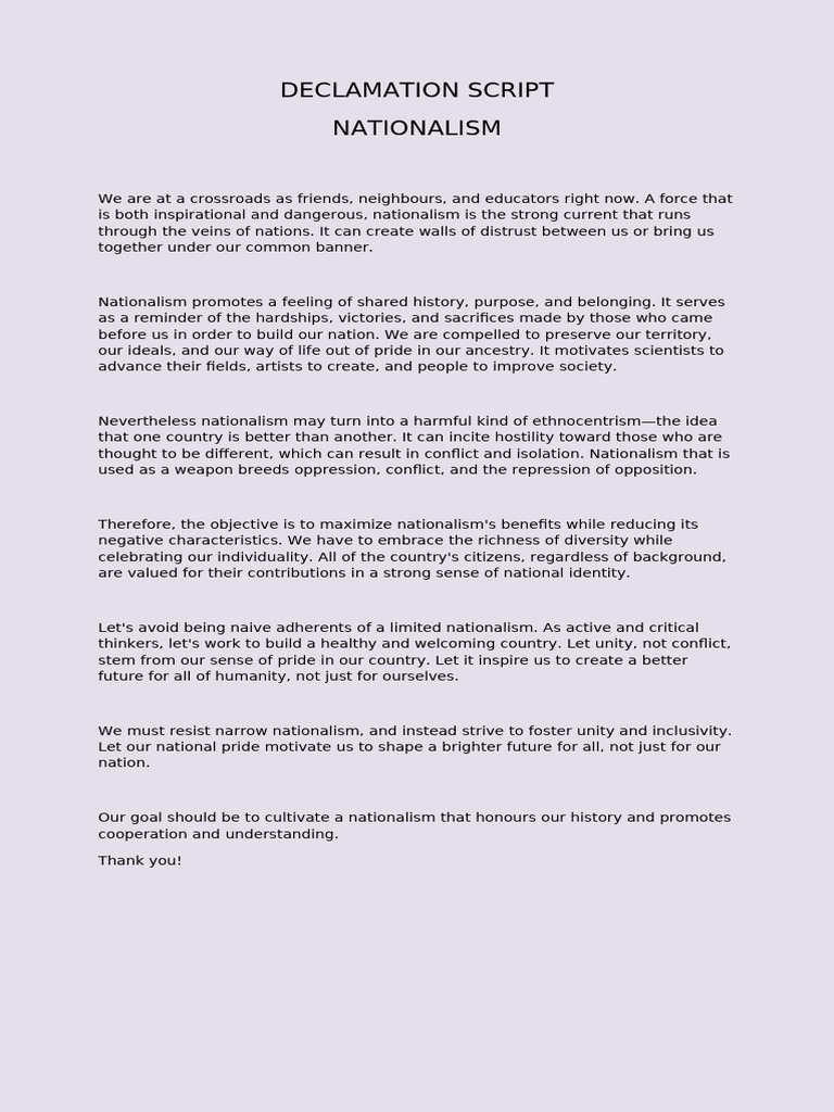 Brief Declamation Example About Nationality | PDF