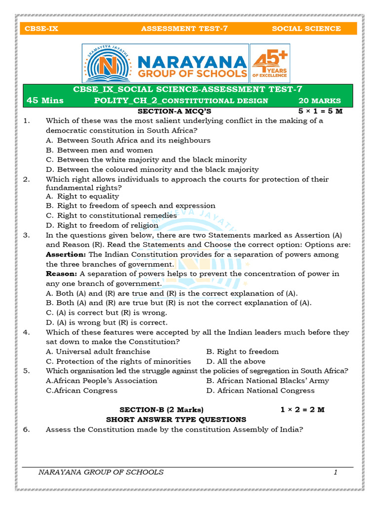 CBSE IX Social Science Assessment Test 7 | PDF | Constitution ...