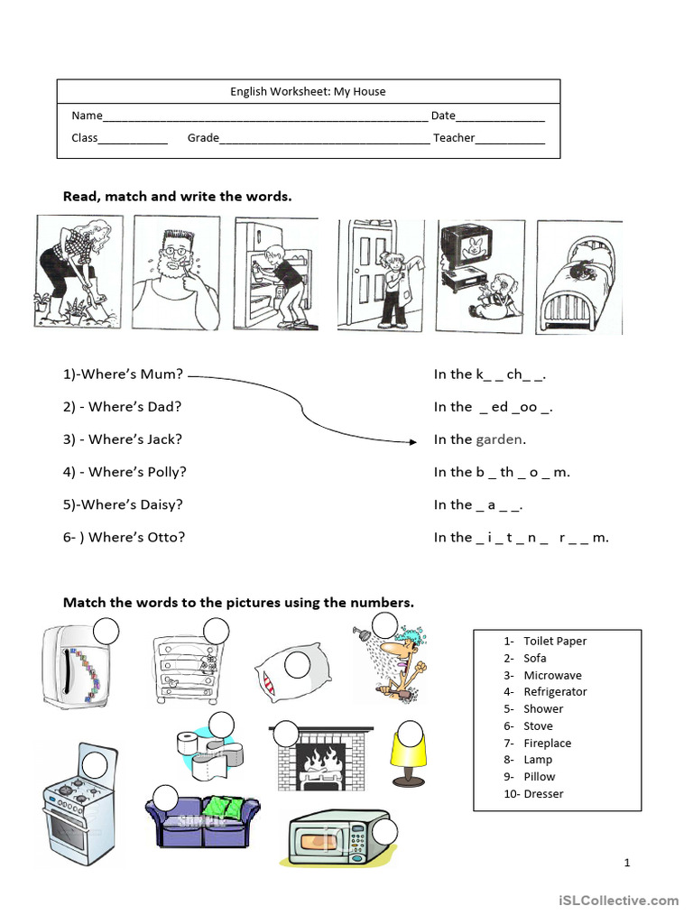 English Prepositions & Rooms Worksheet | PDF | Furniture