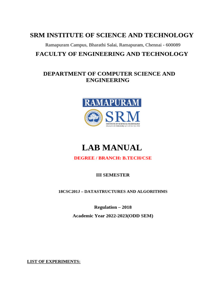 18csc201j-Dsa Lab Manual | PDF | Queue (Abstract Data Type) | Pointer (Computer Programming)
