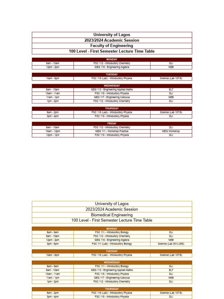 Faculty of Engineering Year 1 - Lecture Timetables | PDF | Natural Sciences | Physical Sciences
