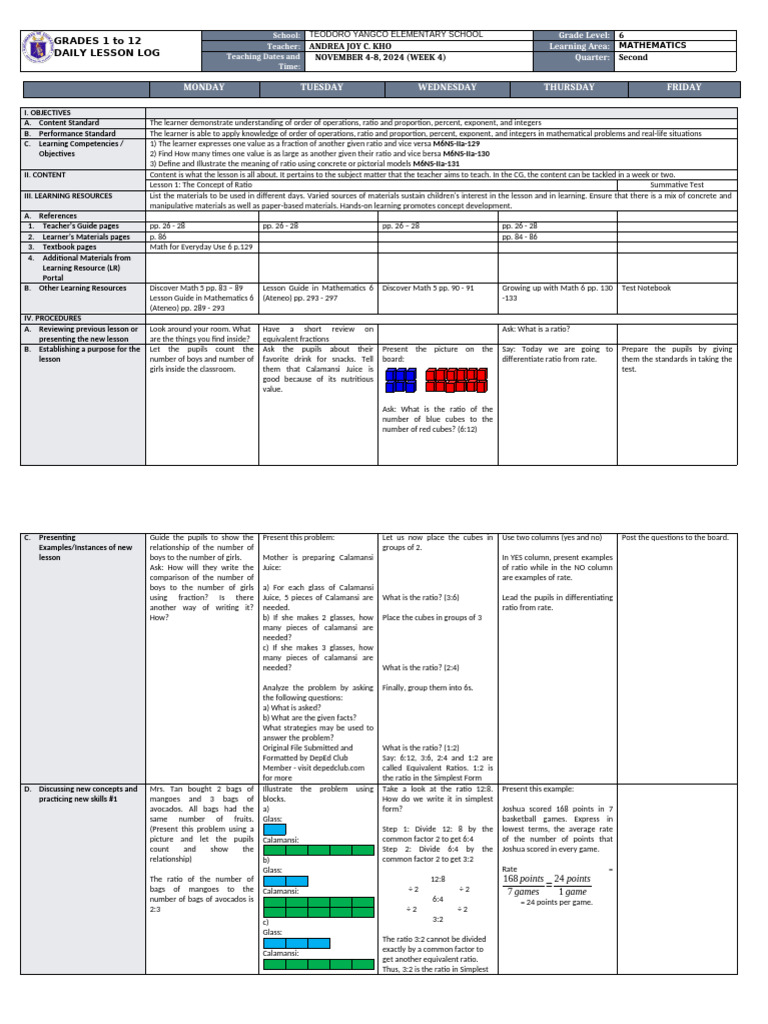 DLL - Math 6 - Q2 - W1 | PDF | Ratio | Learning