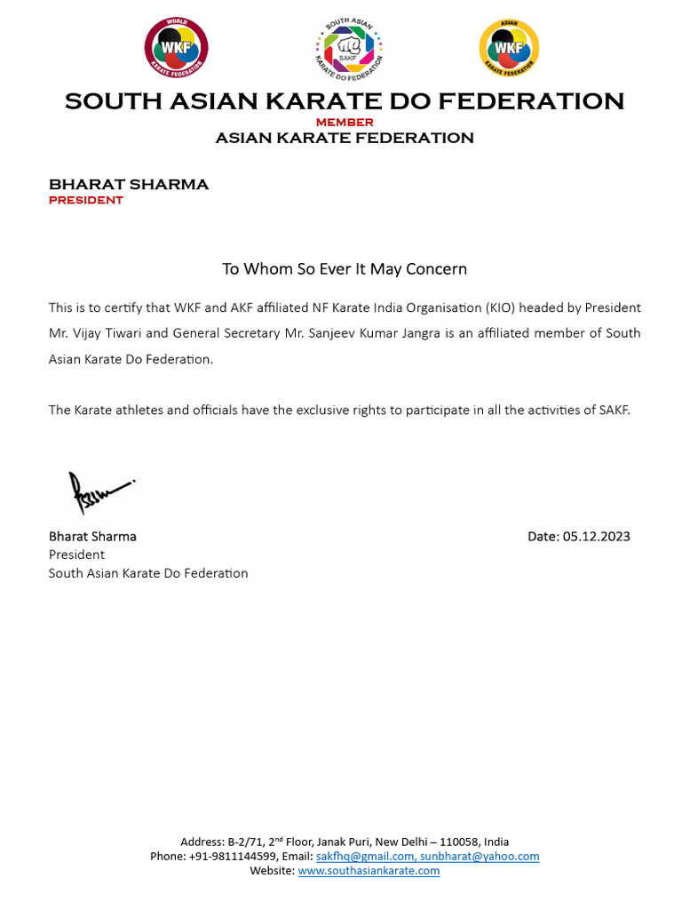 SAKF Affiliation Letter | PDF