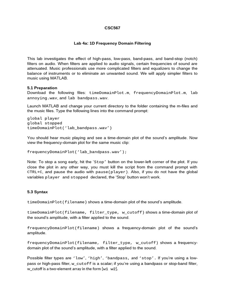 Lab 4a 1D Filtering in Frequency Domain | PDF | Filter (Signal Processing) | Low Pass Filter