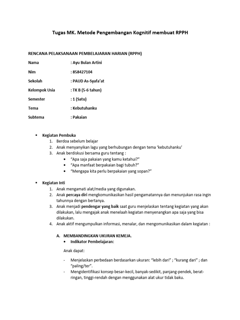 Tugas Membuat RPPH MK. Kognitif | PDF | Karier & Perkembangan ...