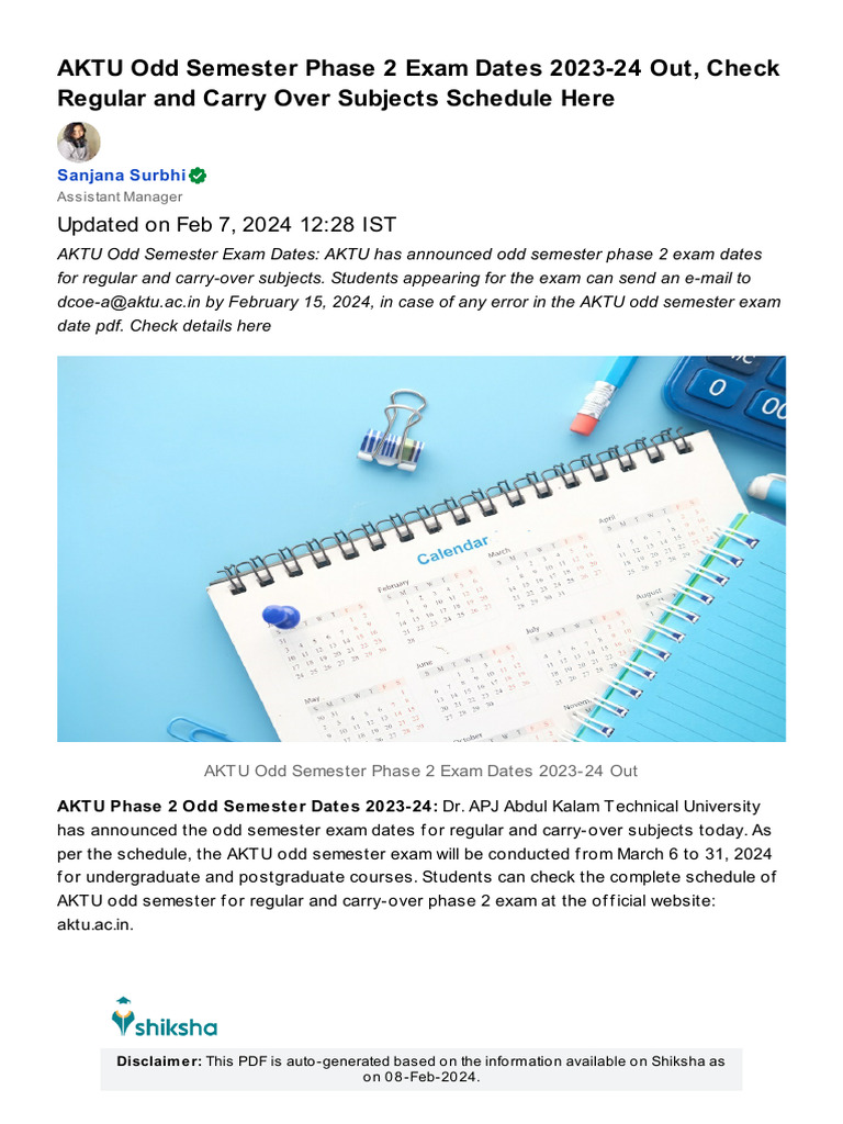 AKTU Odd Semester Phase 2 Exam Dates 2023-24 Out, Check Regular and ...