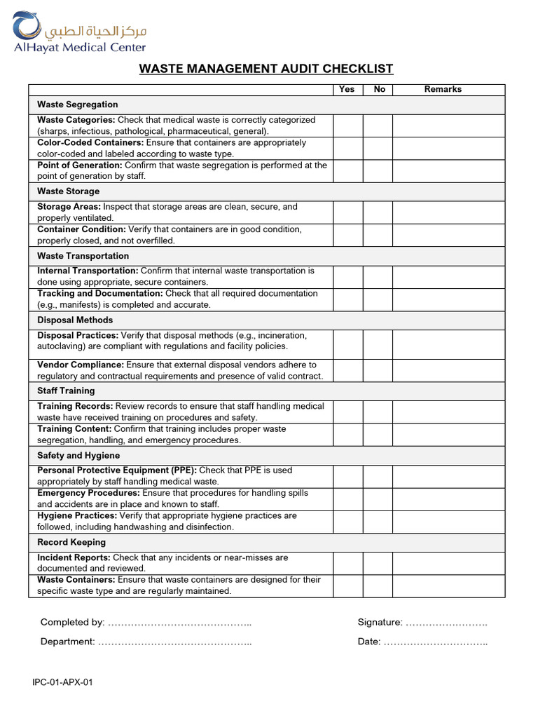 IPC-01-APX-01 Waste Management Audit Checklist | PDF