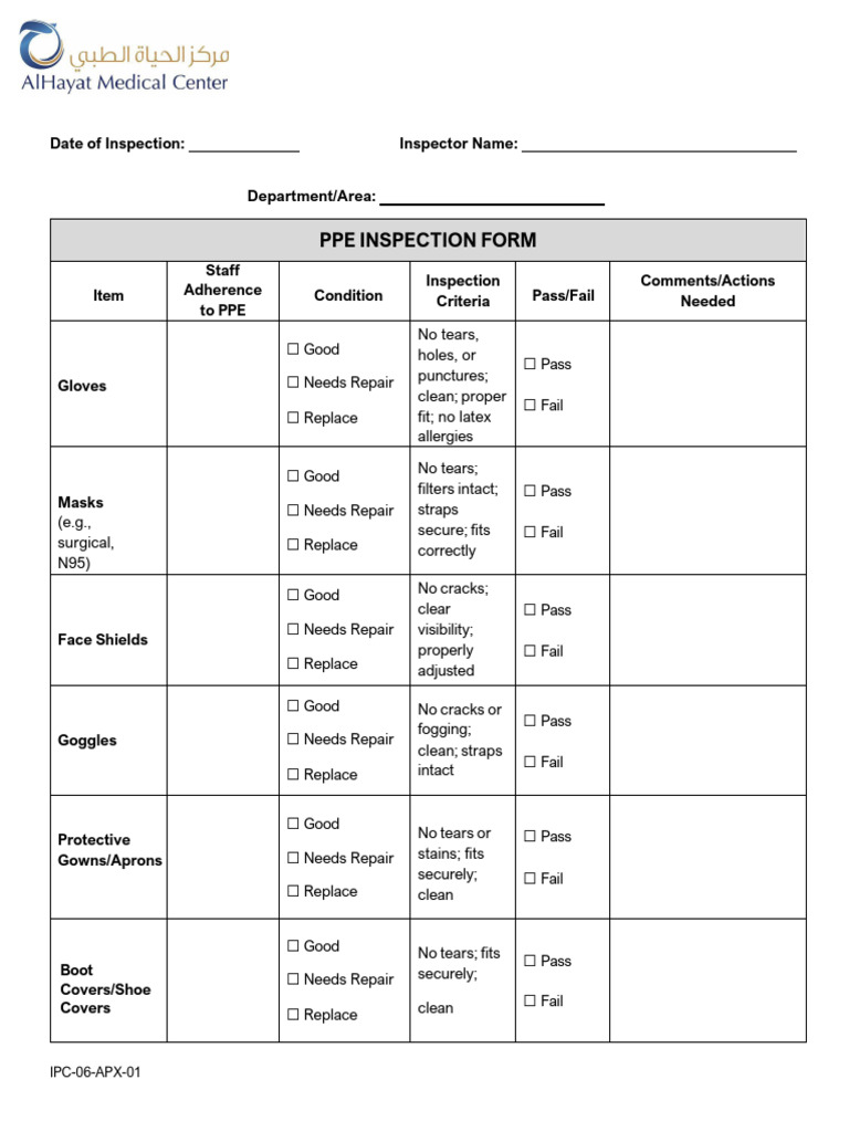 IPC 06 APX 01 PPE Inspection Form | PDF | Personal Protective Equipment