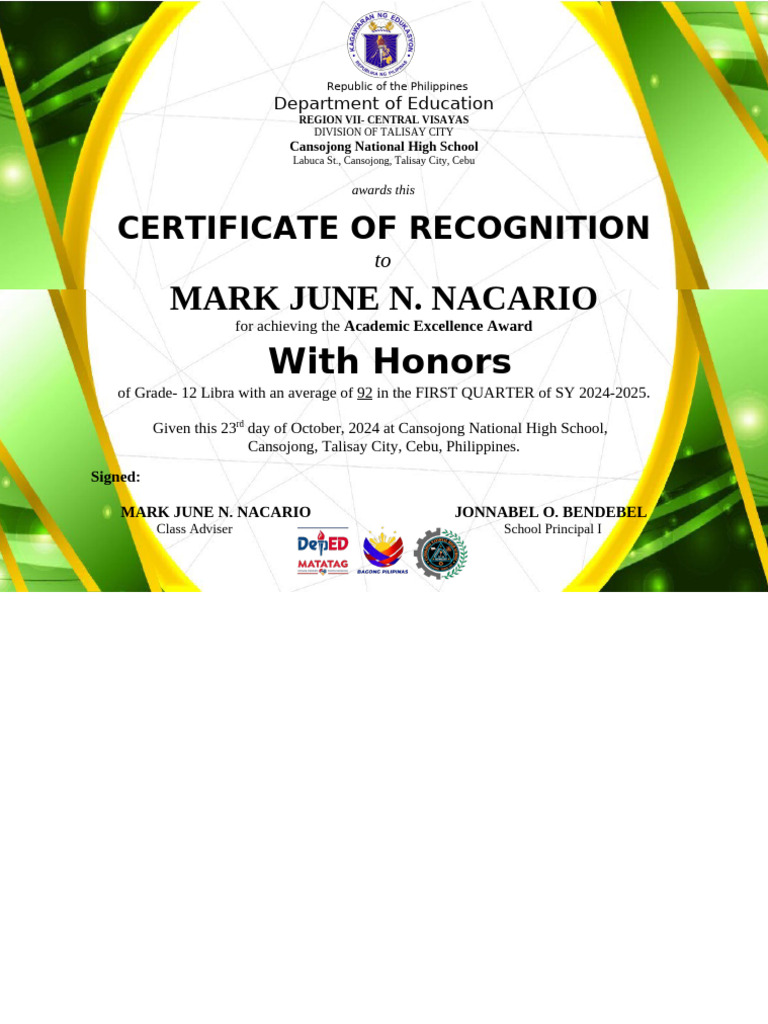 Certificate of Academic Excellence Award | PDF