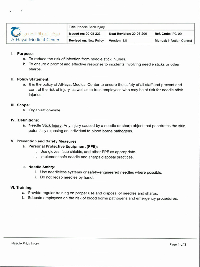 IPC-09 Needle Stick Injury | PDF