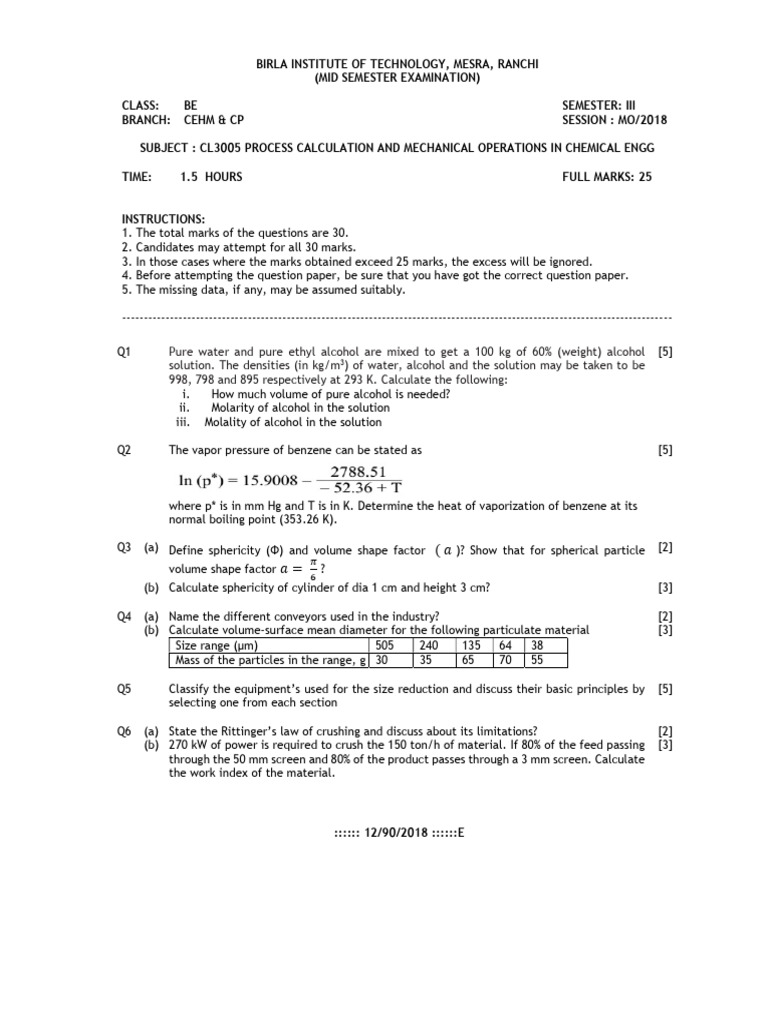 CL3005 Process Calculation and Mechanical Operations in Chemical Engg ...