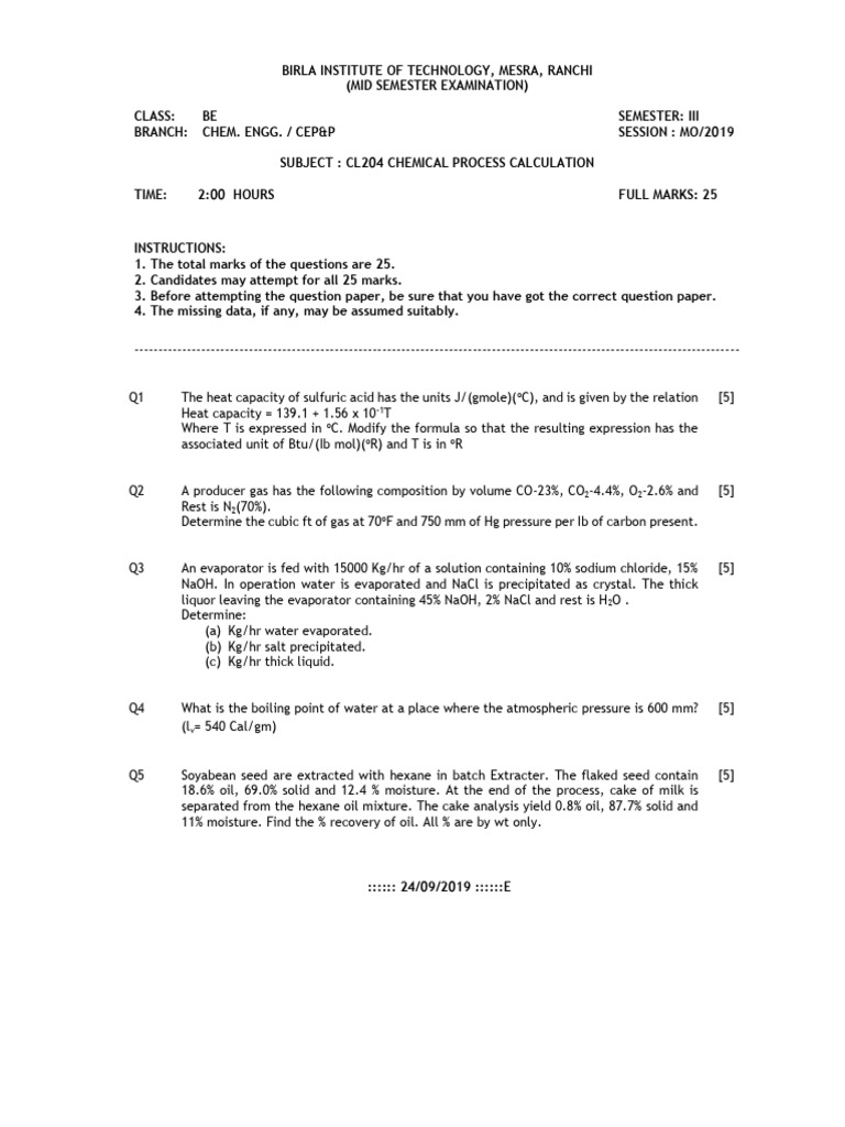 CL204 Chemical Process Calculation (Mid - Mo19) | PDF | Sodium Chloride | Sodium Hydroxide
