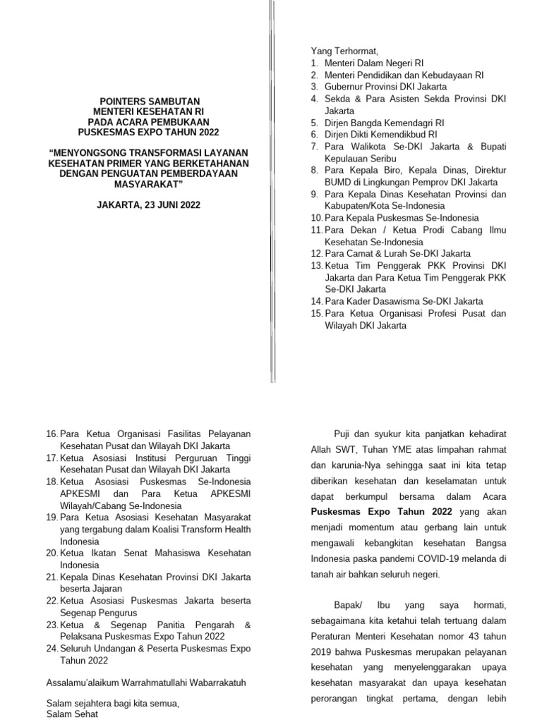 Draft Sambutan Menteri Kesehatan Ri PKM Expo 2022 V2 | PDF