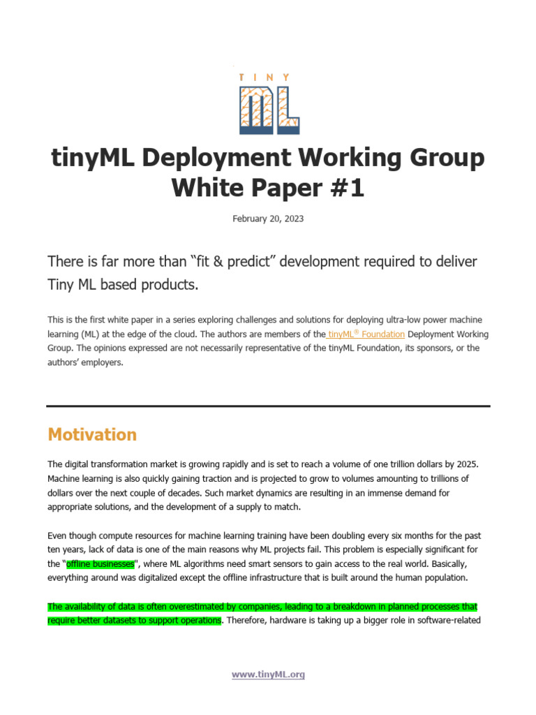tinyML Deployment WG White Paper 1 | PDF | Internet Of Things | Machine ...