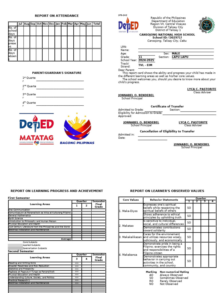 GRADE 11 sf9 New Template Sy 2024 2025 | PDF