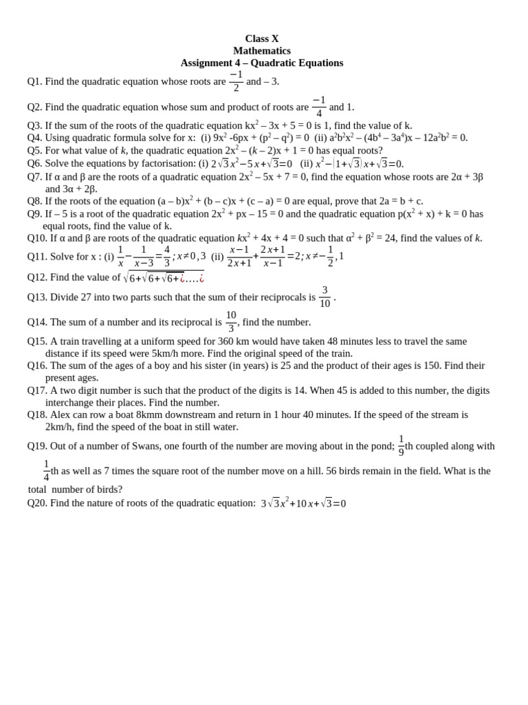 X Assignemnt 4 - Quadratic Eq | PDF | Quadratic Equation | Equations