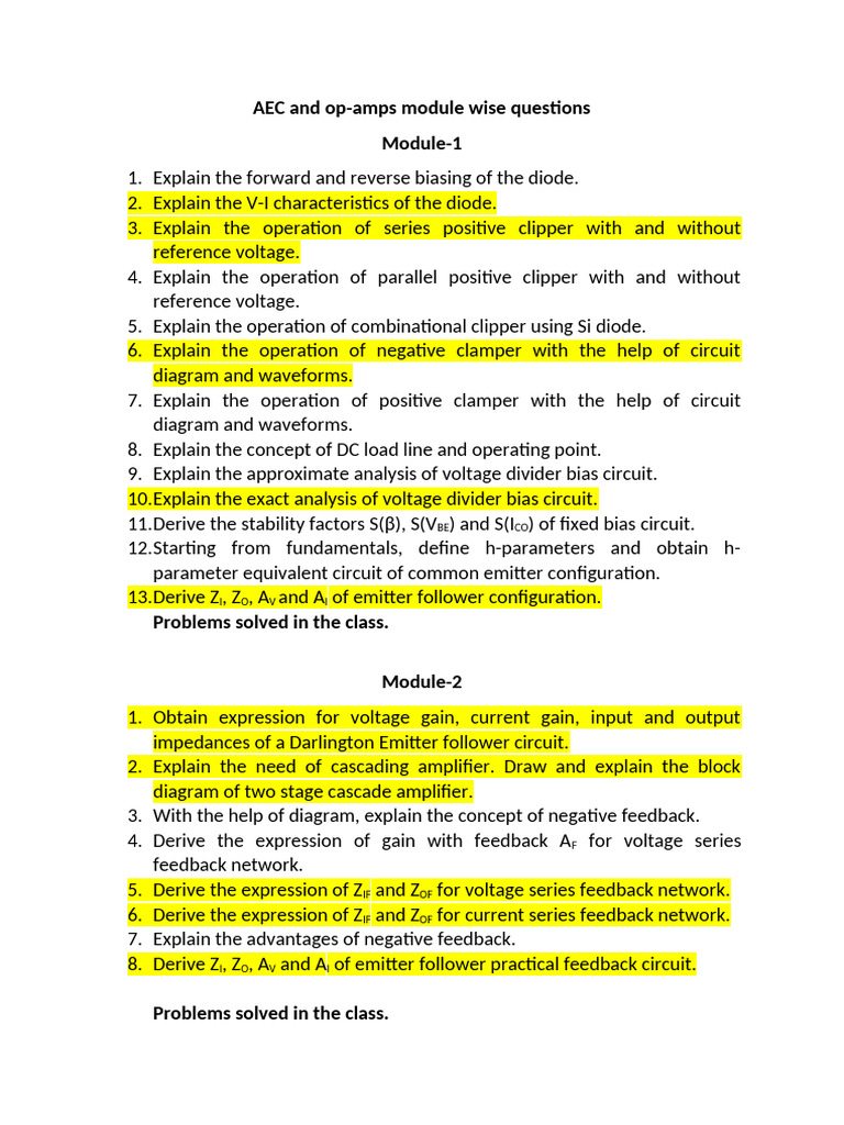 AEC Modulewise Questions | PDF | Amplifier | Operational Amplifier