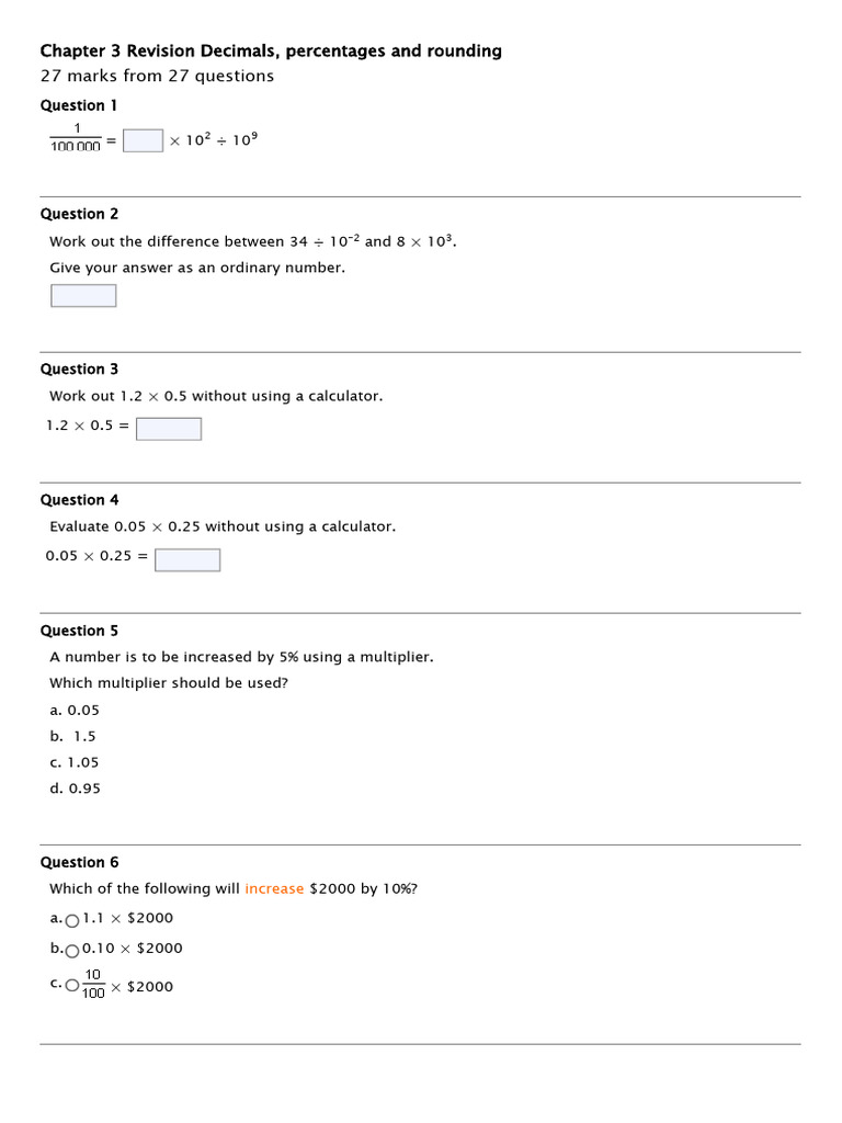 Chapter 3 Revision Decimals, Percentages and Rounding | PDF | Significant Figures | Arithmetic