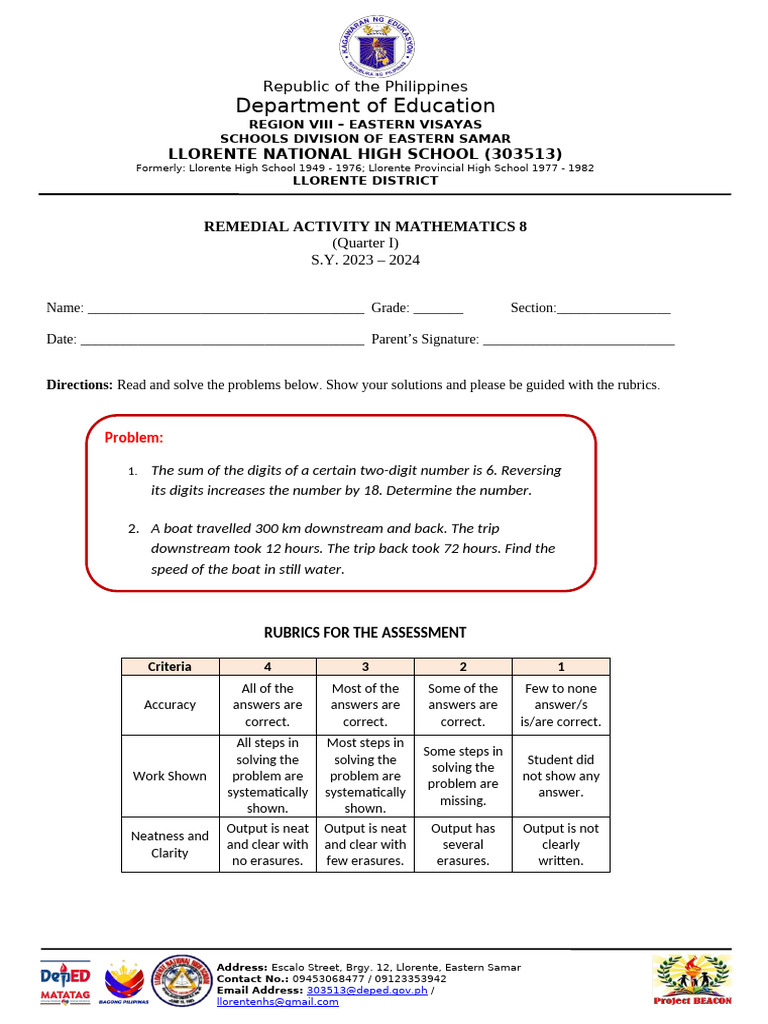 Math8-Remedial Activity Q1 | PDF
