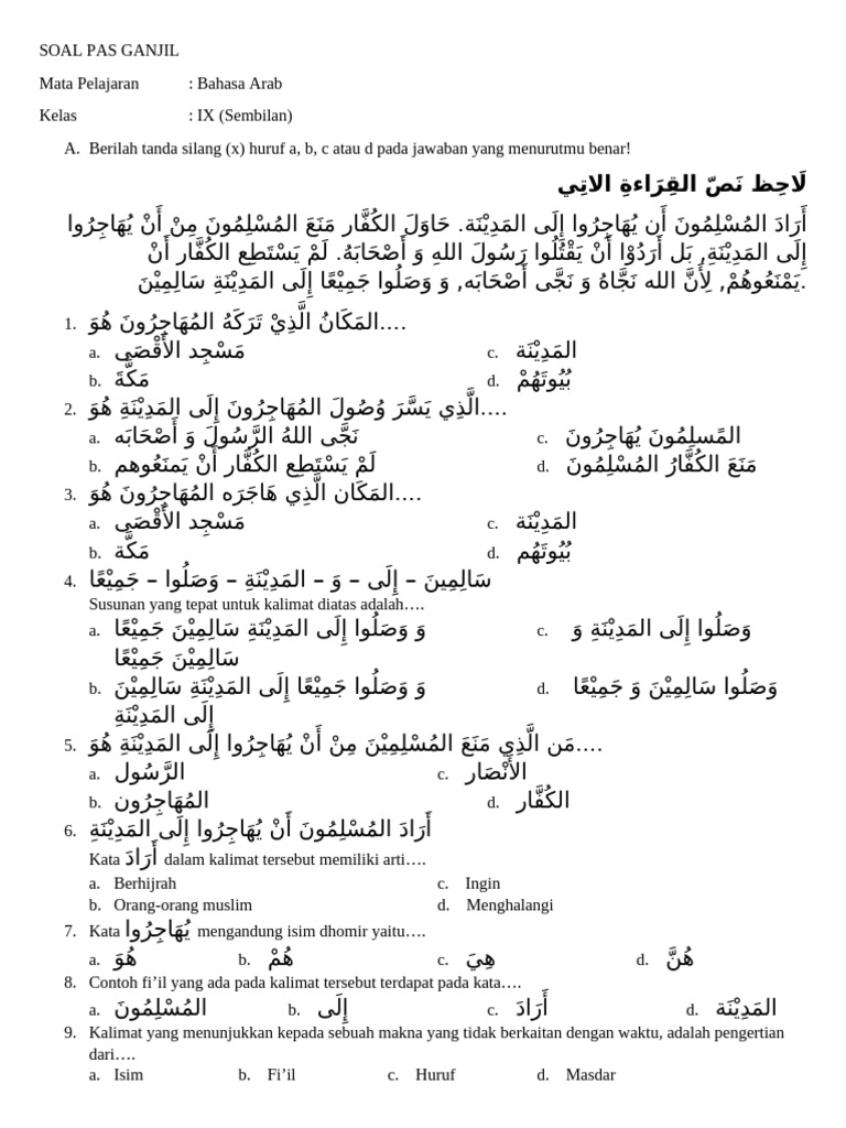 Soal PAS Ganjil B.Arab Kelas IX 2024-2025 - 112302 | PDF