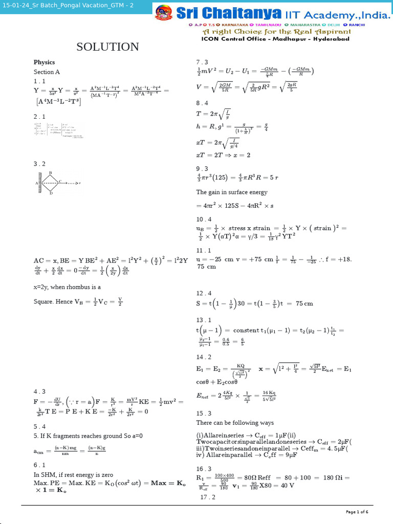 15 01 2024 SR Super60 Elite, Target & LIIT BTs Jee Main GTM 02practice | PDF | Physics ...