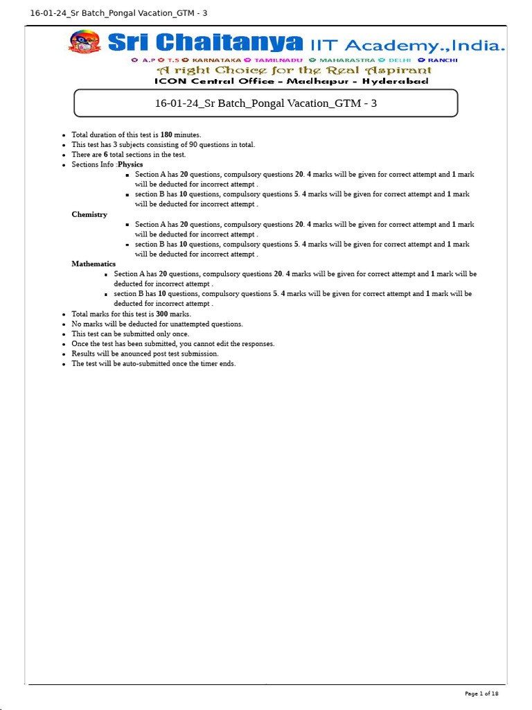 16 01 2024 SR Super60 Elite, Target & LIIT BTs Jee Main GTM 03practice | PDF | Gases | Pressure