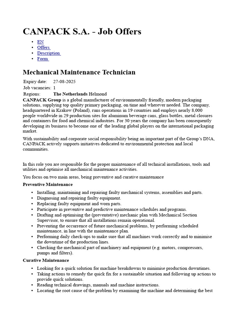 Canpack Neth. Mech Maint - Tech | PDF | Engineering
