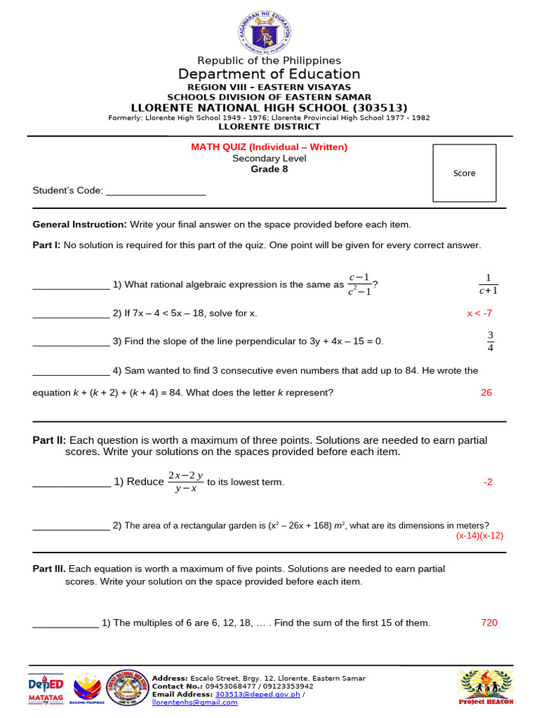 Llorente District Grade 8 Math Quiz | PDF | Mathematics