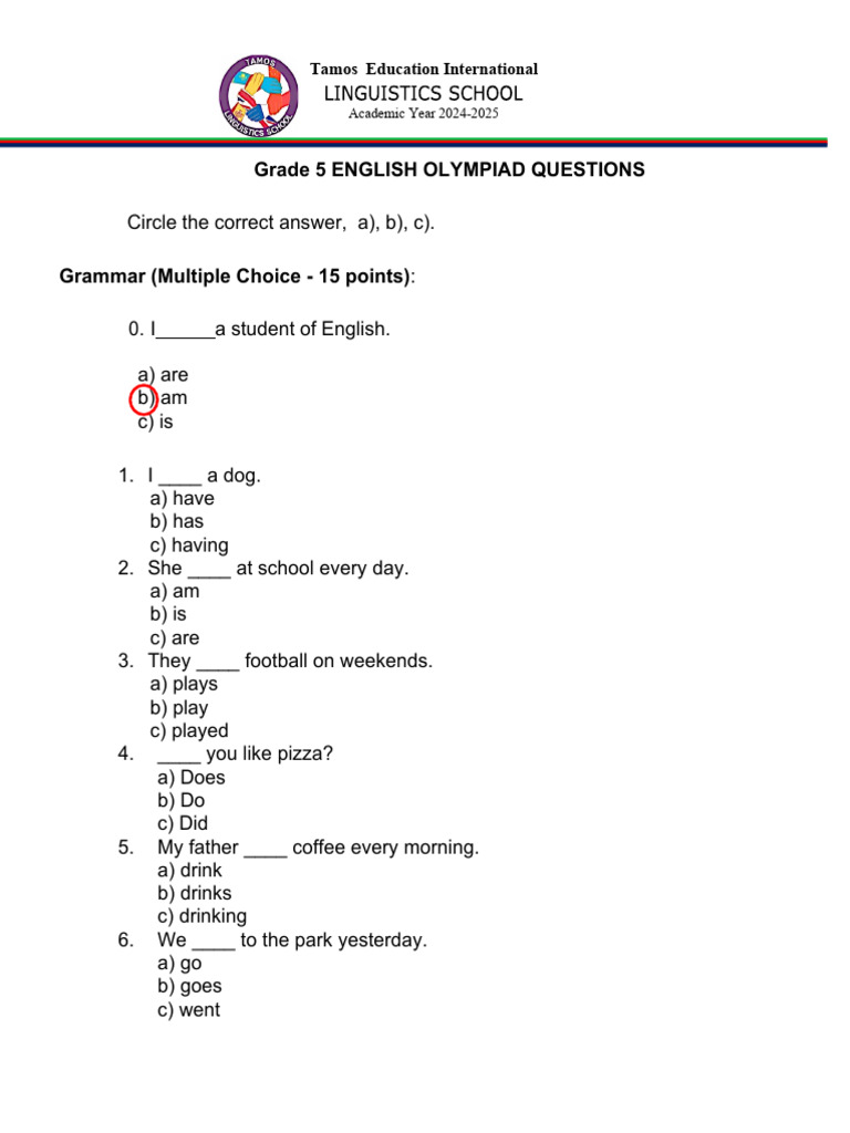 G5 - English Olympiad Questions - 2024 | PDF