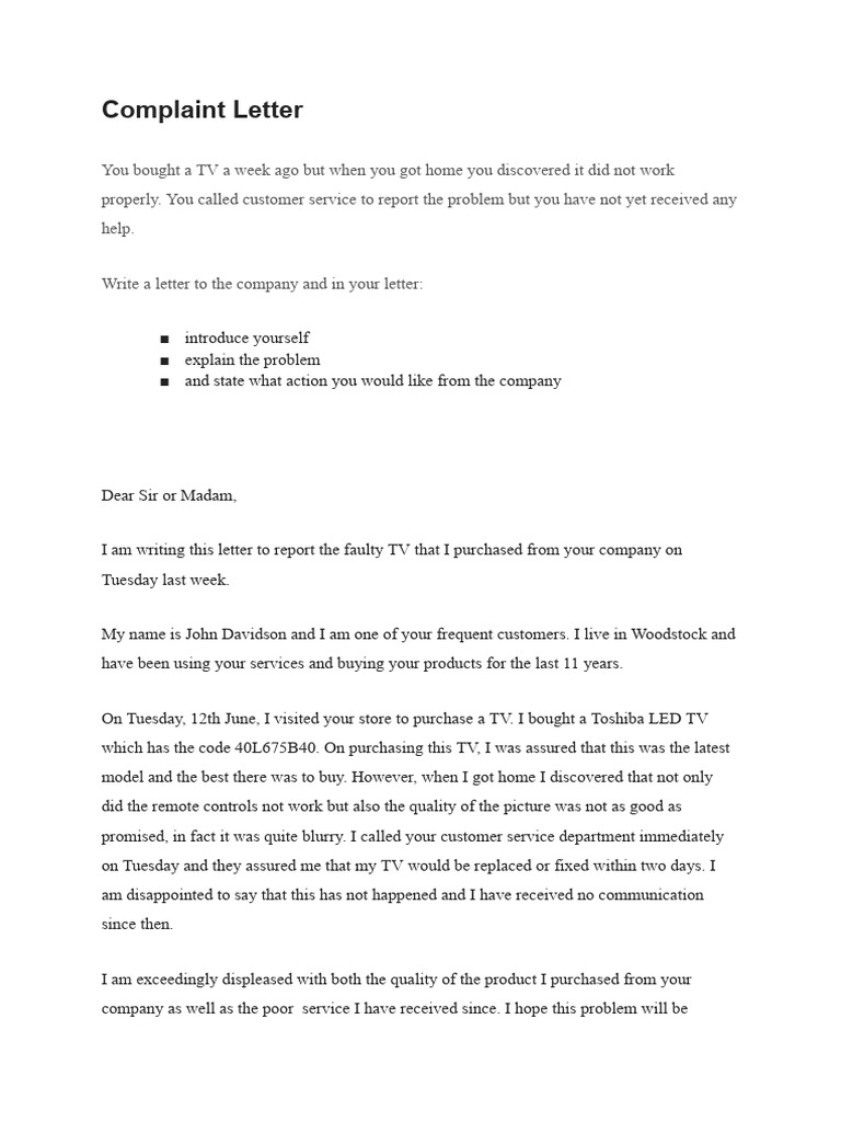 Faulty TV Complaint Letter | PDF