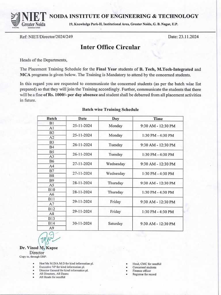 Placement Training Revised Circular | PDF