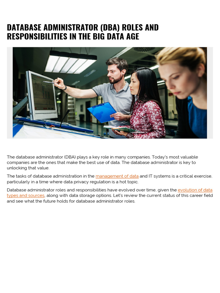 Database Administrator DBA Roles and Responsibilities in The Big Data Age | PDF | Databases | Sql