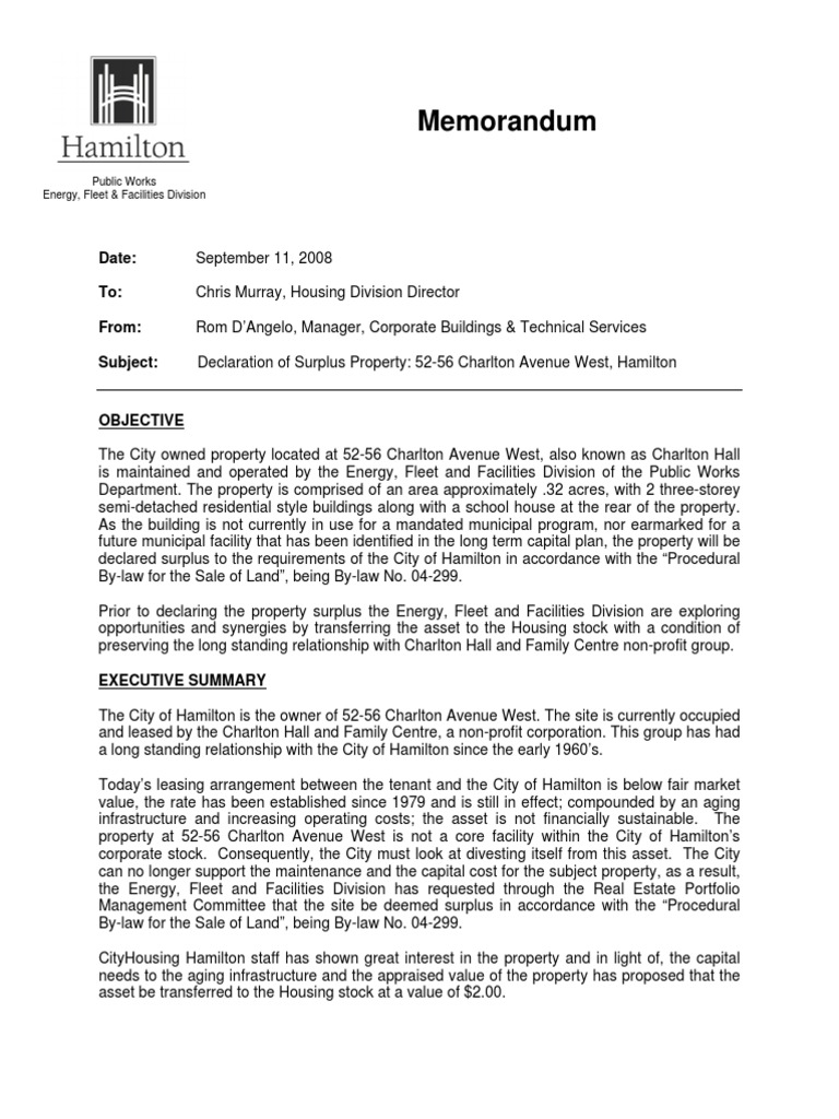 Declaration of Surplus Property - 52-56 Charlton Ave W | PDF | Mental ...