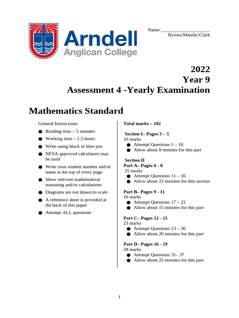 Year 9 Mathematics Exam Paper | PDF | Area | Significant Figures