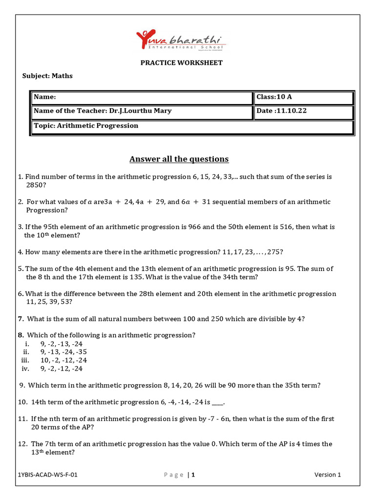 Arithmetic Progression Worksheet | PDF | Mathematics | Arithmetic