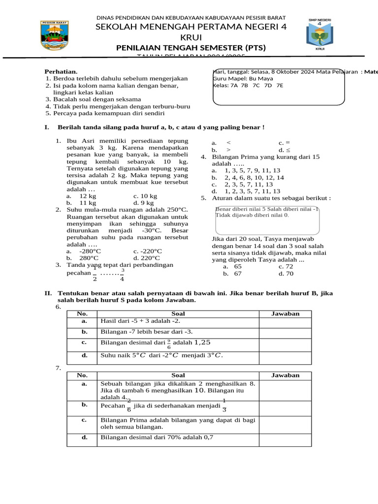 Soal PTS Kelas 7 MTK 2024 | PDF