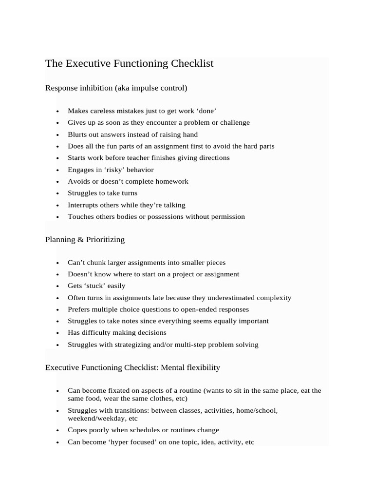 executive function checklist | PDF | Executive Functions | Psychology